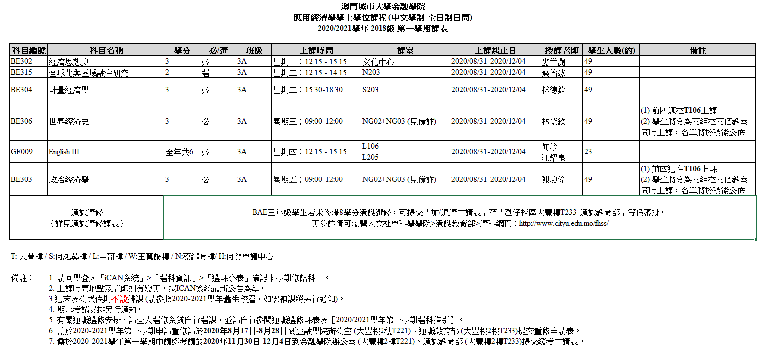 Timetable of academic year 2020-2021 - 澳門城市大學 金融學院